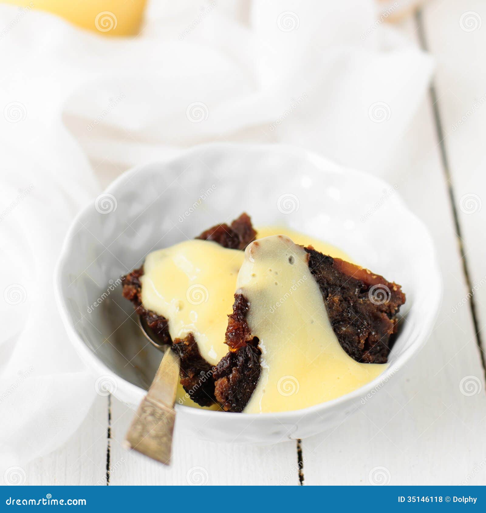 Pieces of Plum Pudding in a Bowl with Vanilla Cust Stock Photo - Image ...