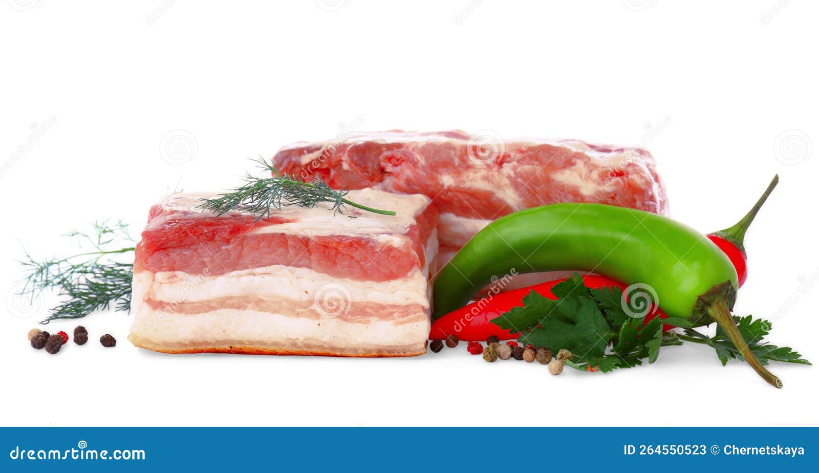 Pieces of Pork Fatback and Different Spices on White Background Stock ...