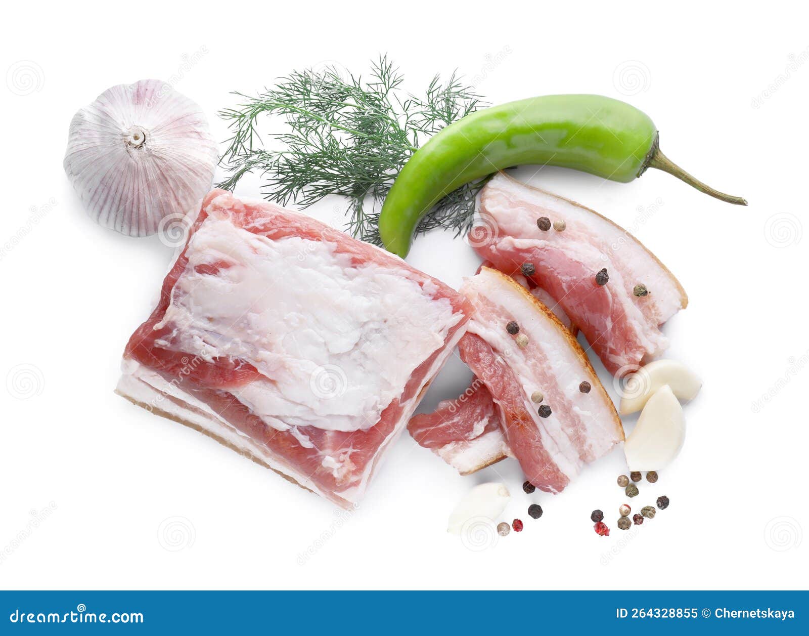 Pieces of Pork Fatback and Different Spices on White Background, Top ...