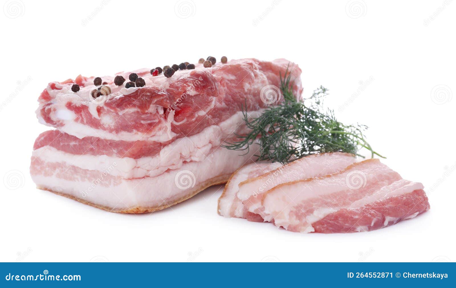 Pieces of Pork Fatback with Dill and Spices Isolated on White Stock ...