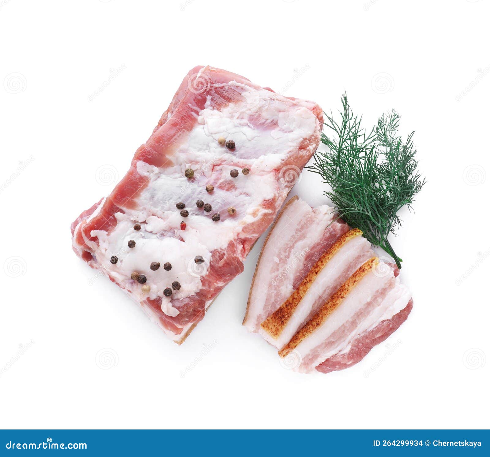 Pieces of Pork Fatback with Dill and Spices Isolated on White, Top View ...