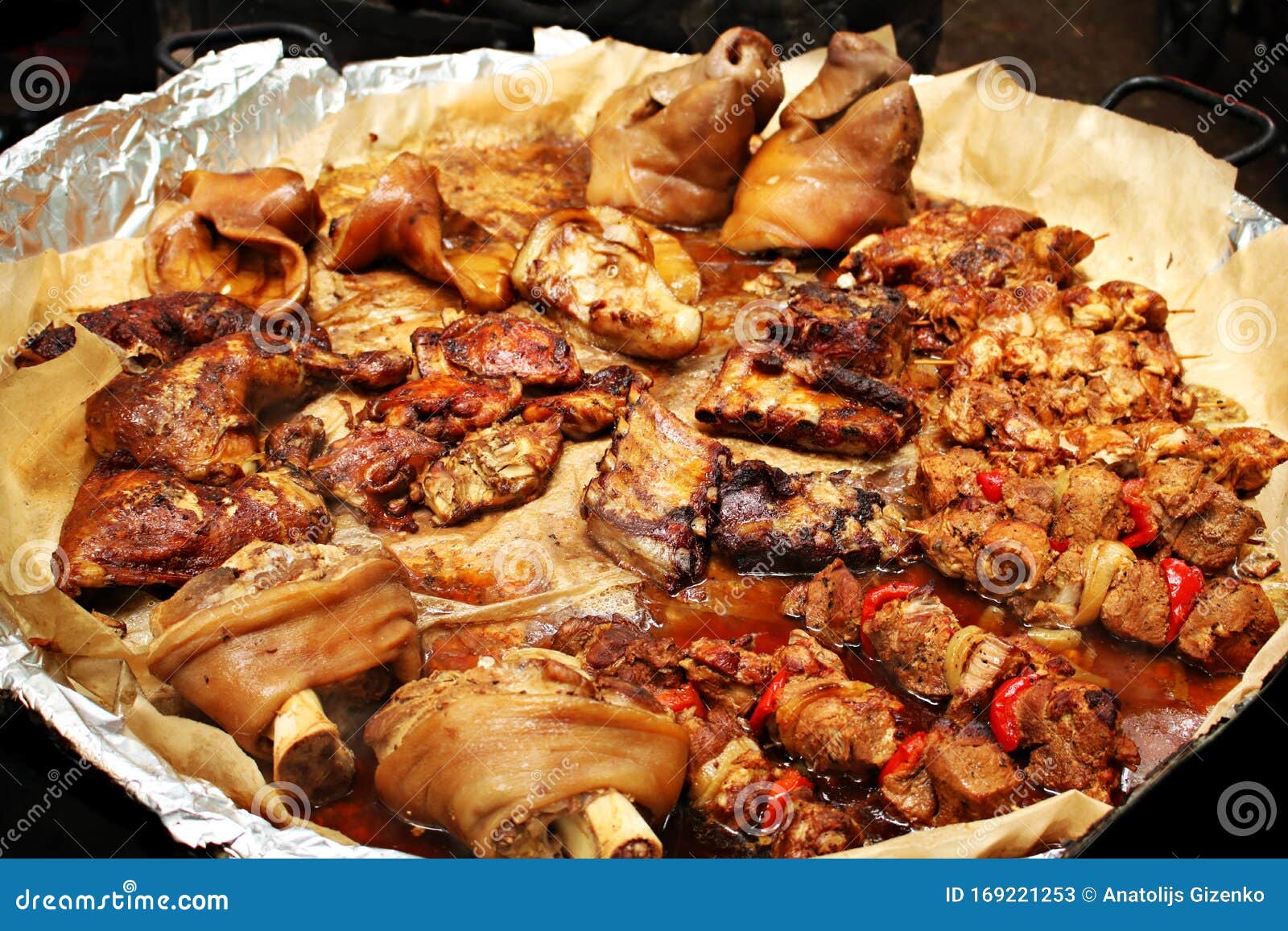 Pieces of Pork Meat Cooked on a Fire and Spread Out on a Large Tray ...