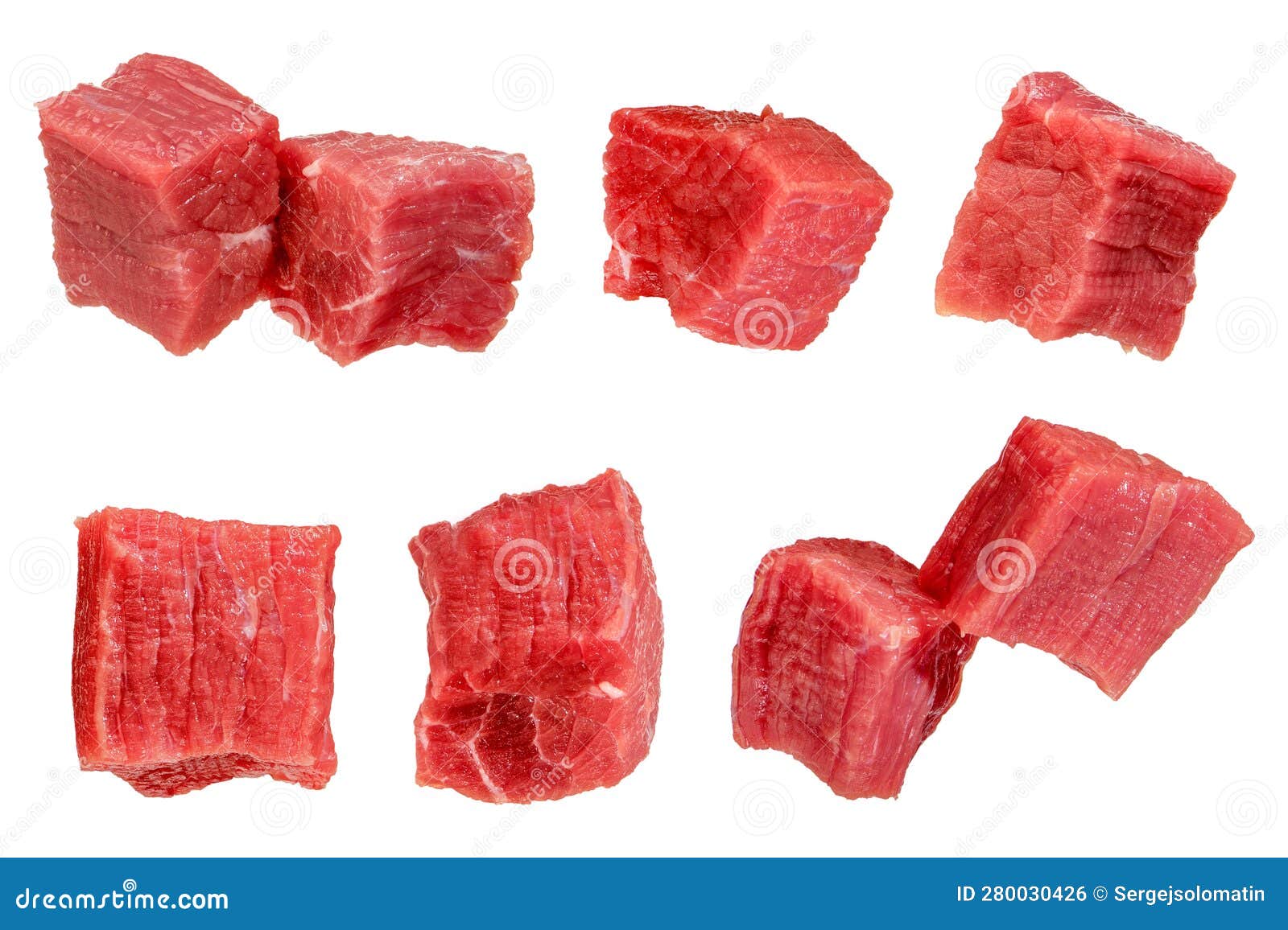 Pieces of Raw Beef. Set of Fresh Beef Cubes Isolated on White ...