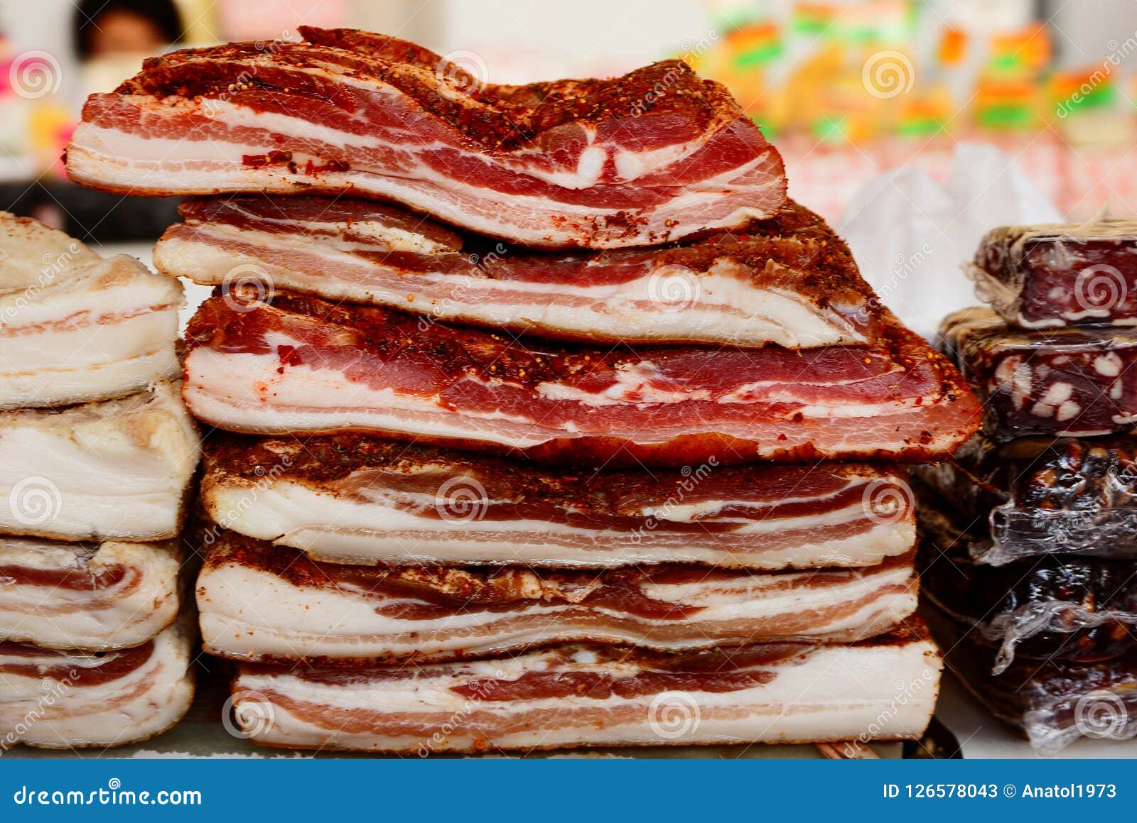 Pieces of Raw Meat with Lard on the Counter in the Heap Stock Image ...