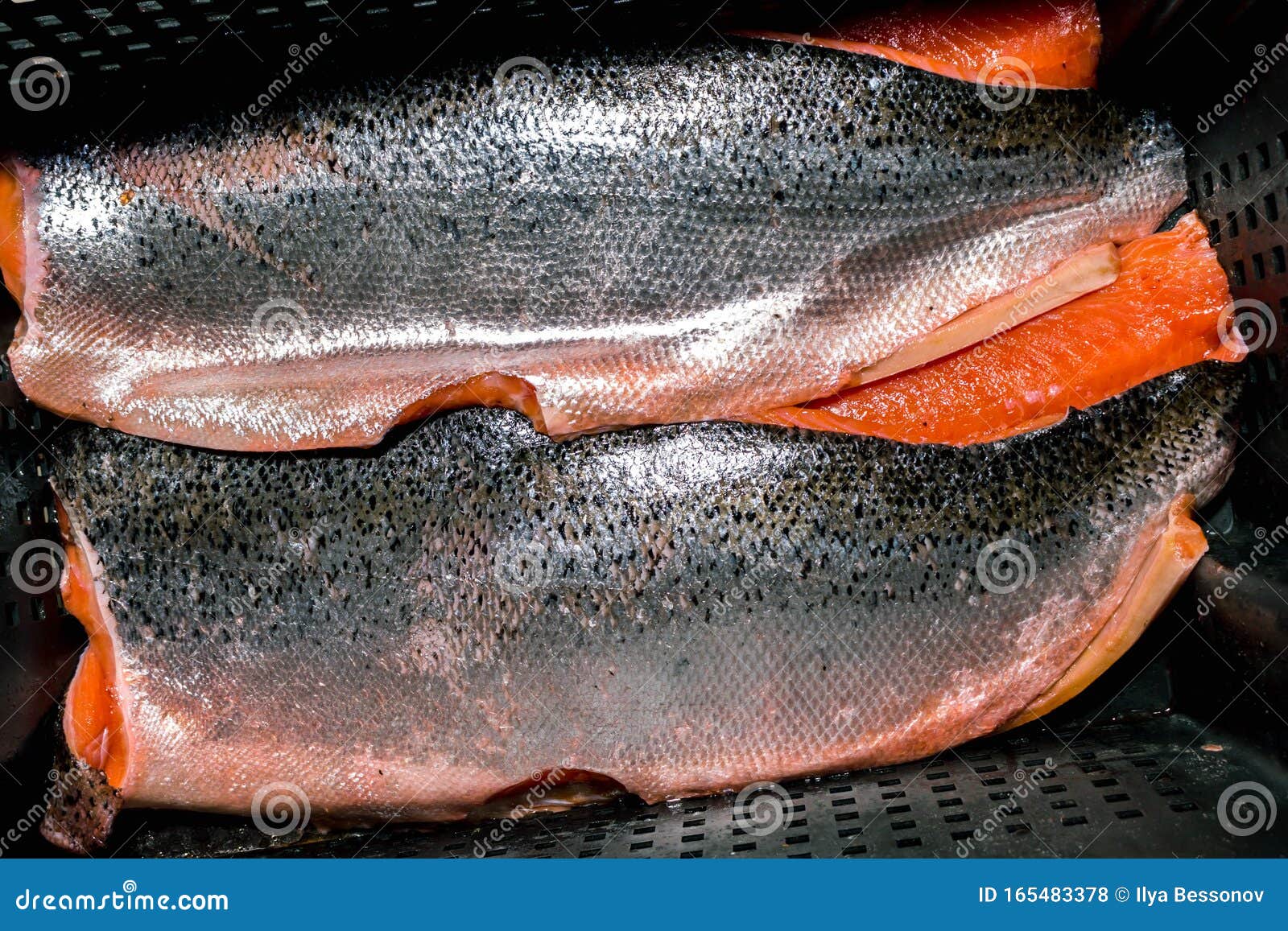 Pieces of Red Fish with Chilled Skin Lying in a Black Container, Top ...