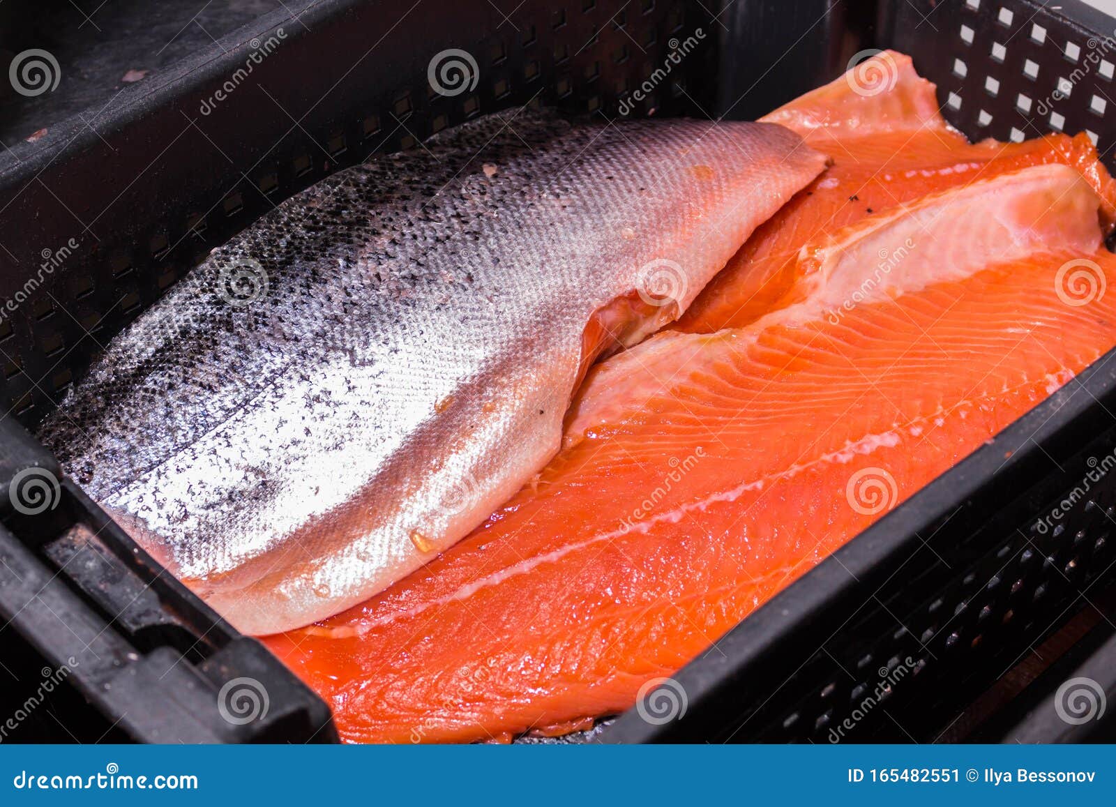Pieces of Red Fish with Skin Chilled, Lying in a Black Container, for ...