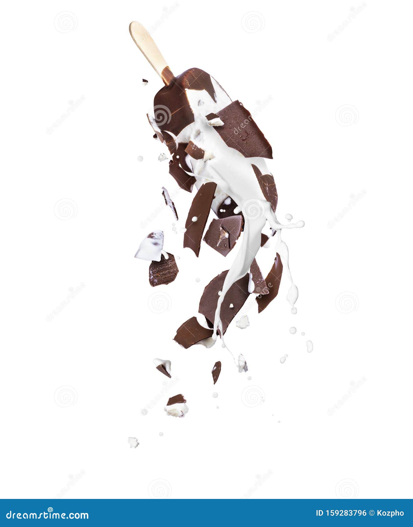 Pieces and Splashes of Chocolate Ice Cream Fall Down on White ...