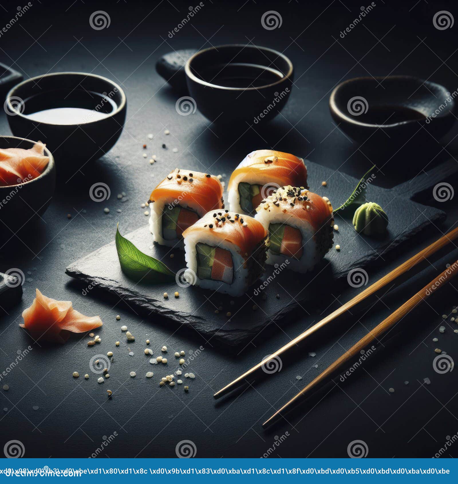 Pieces of Sushi with Chopsticks on Solid Dark Background Spot Light ...