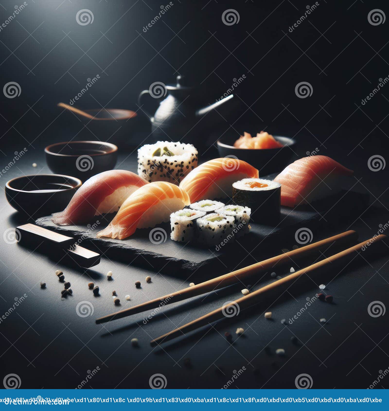 Pieces of Sushi with Chopsticks on Solid Dark Background Spot Light ...