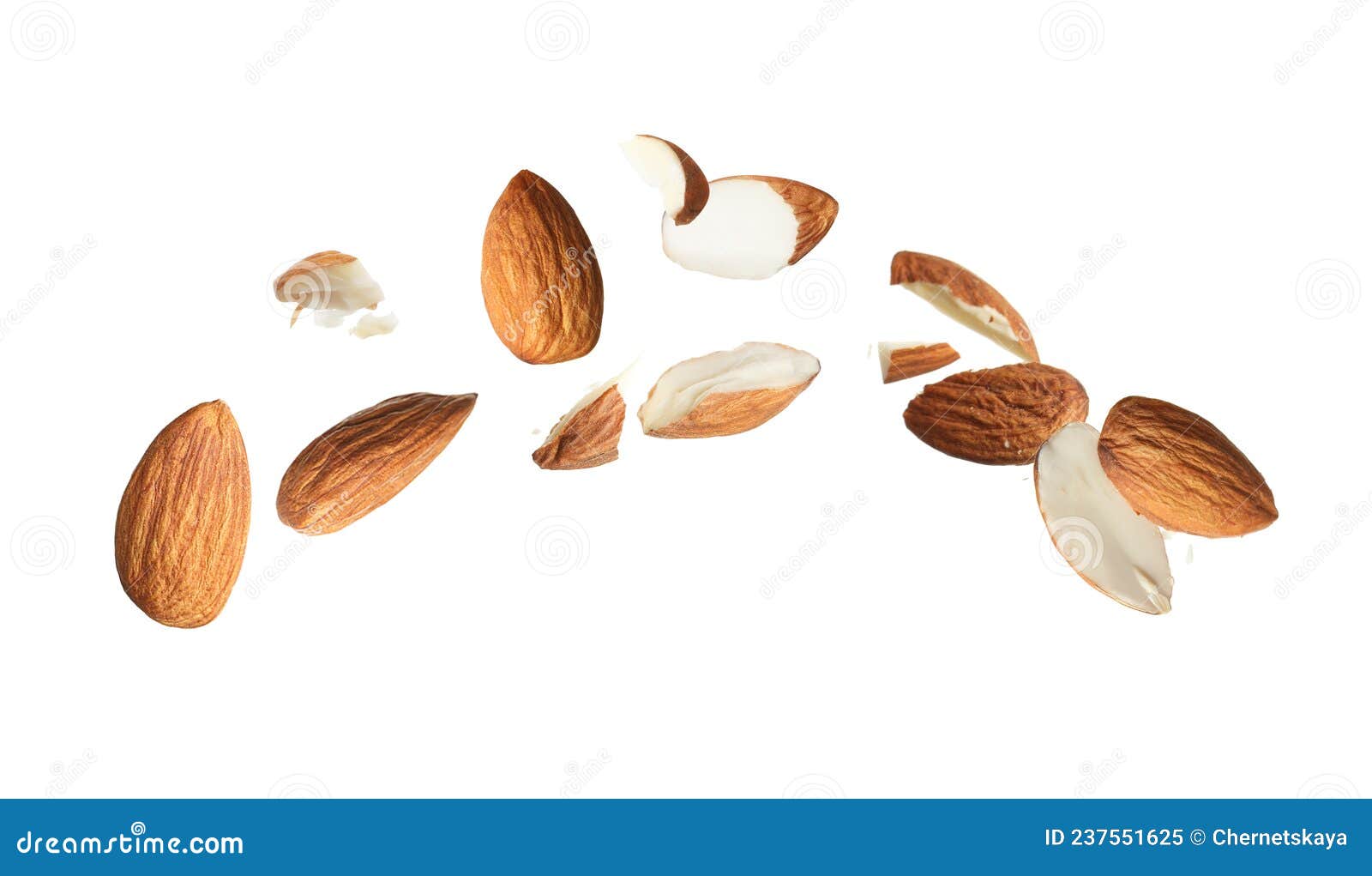 Pieces of Tasty Almonds Falling on White Background Stock Image - Image ...