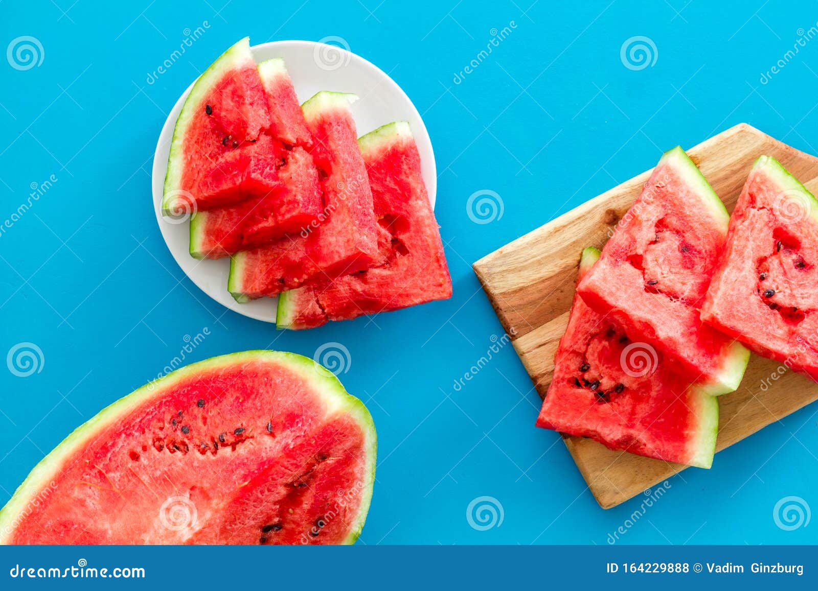 Pieces of Watermelon on Blue Background Top View Stock Photo - Image of ...