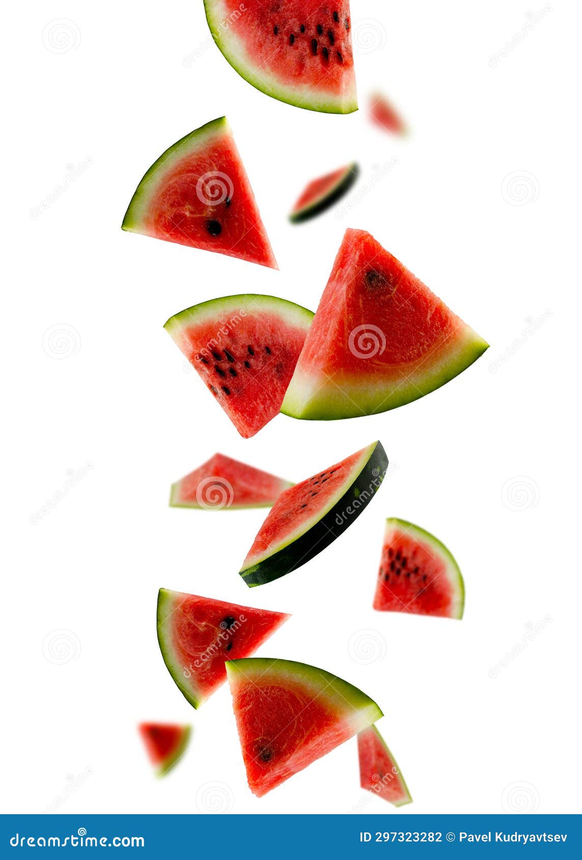 Pieces of Watermelon Fall in Space. Isolated on White Stock Photo ...