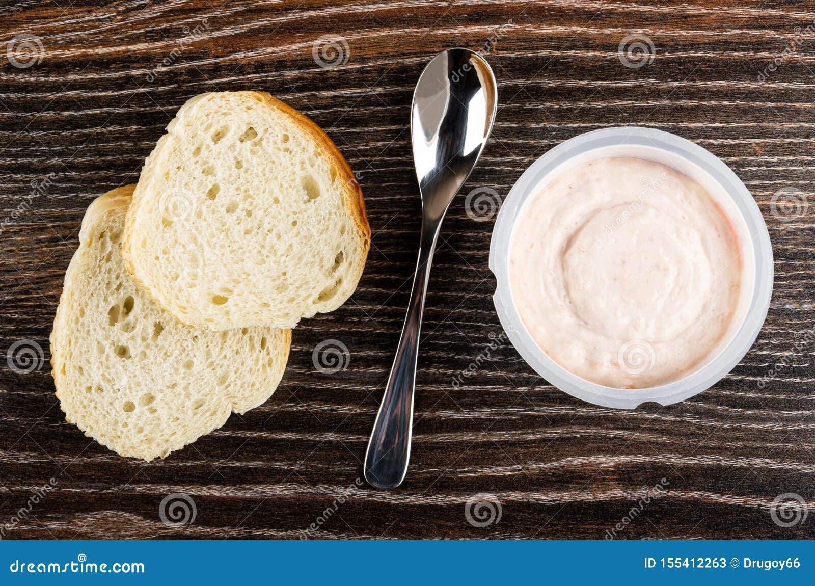 Pieces of Bread, Spoon, Jar with Krill Paste on Wooden Table. Top View ...