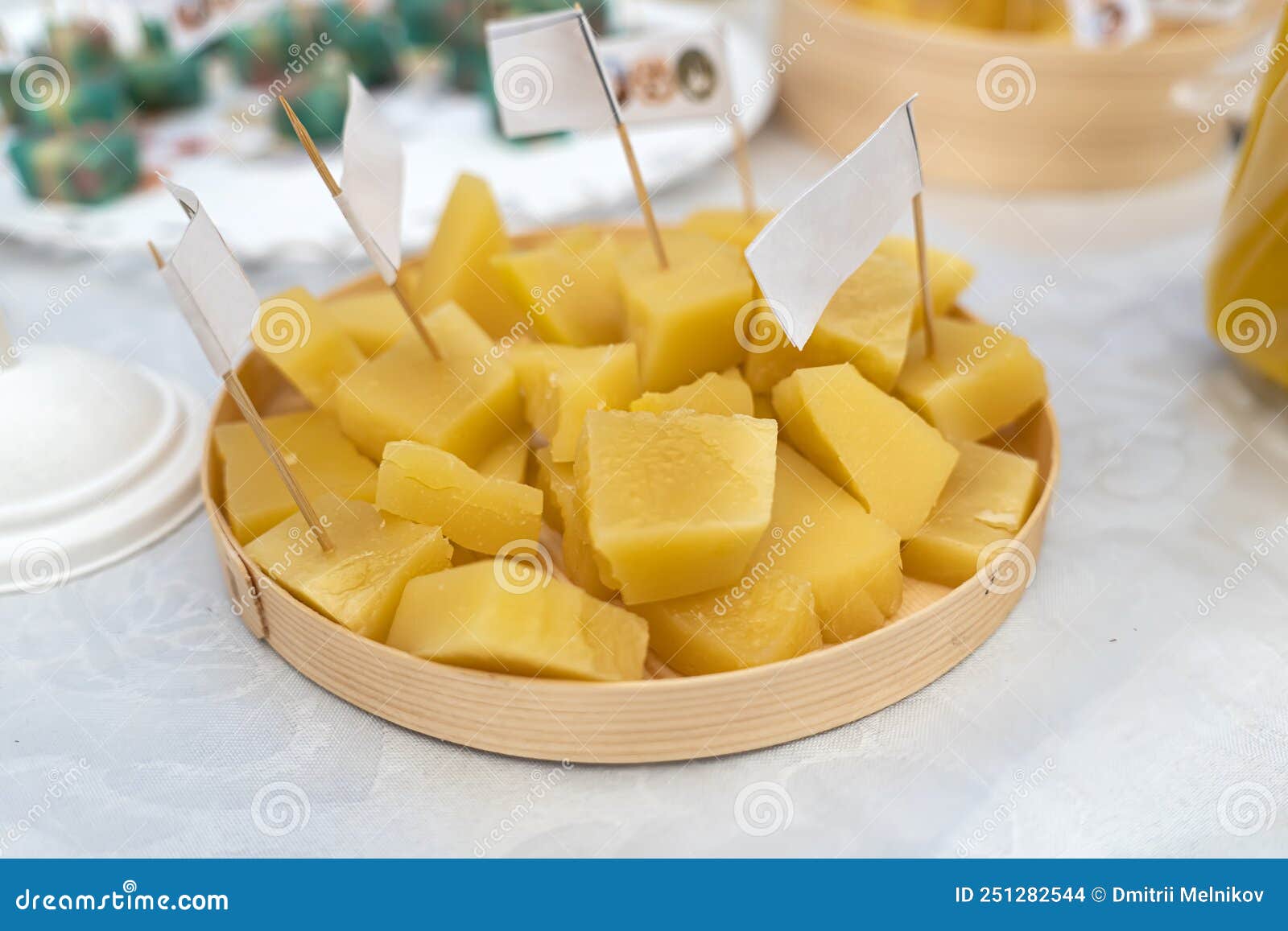 Pieces of Yellow Cheese on a Stick for Taste Testing. Stock Photo ...