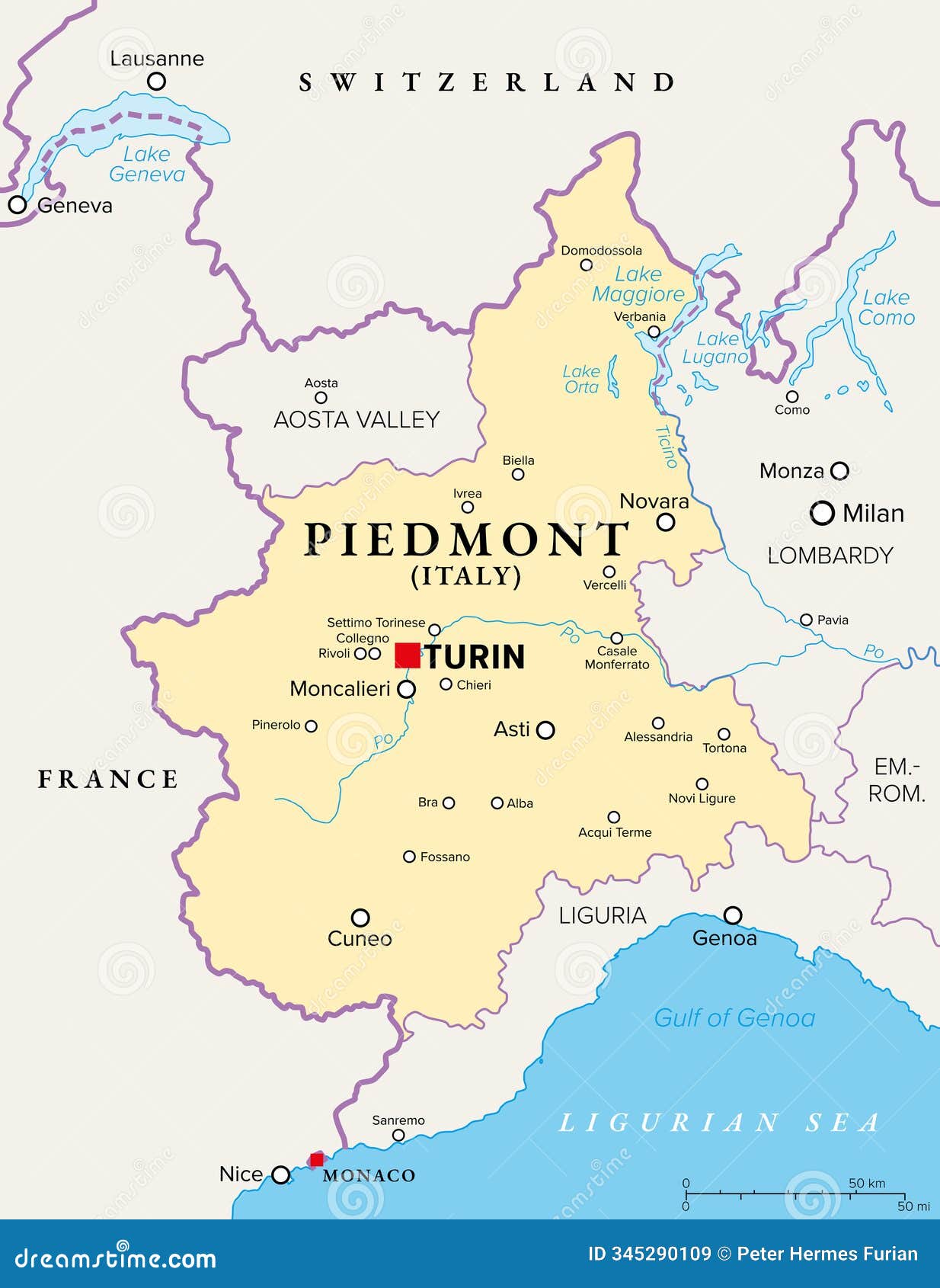 Piedmont Region in Northwest Italy, Political Map Stock Illustration ...