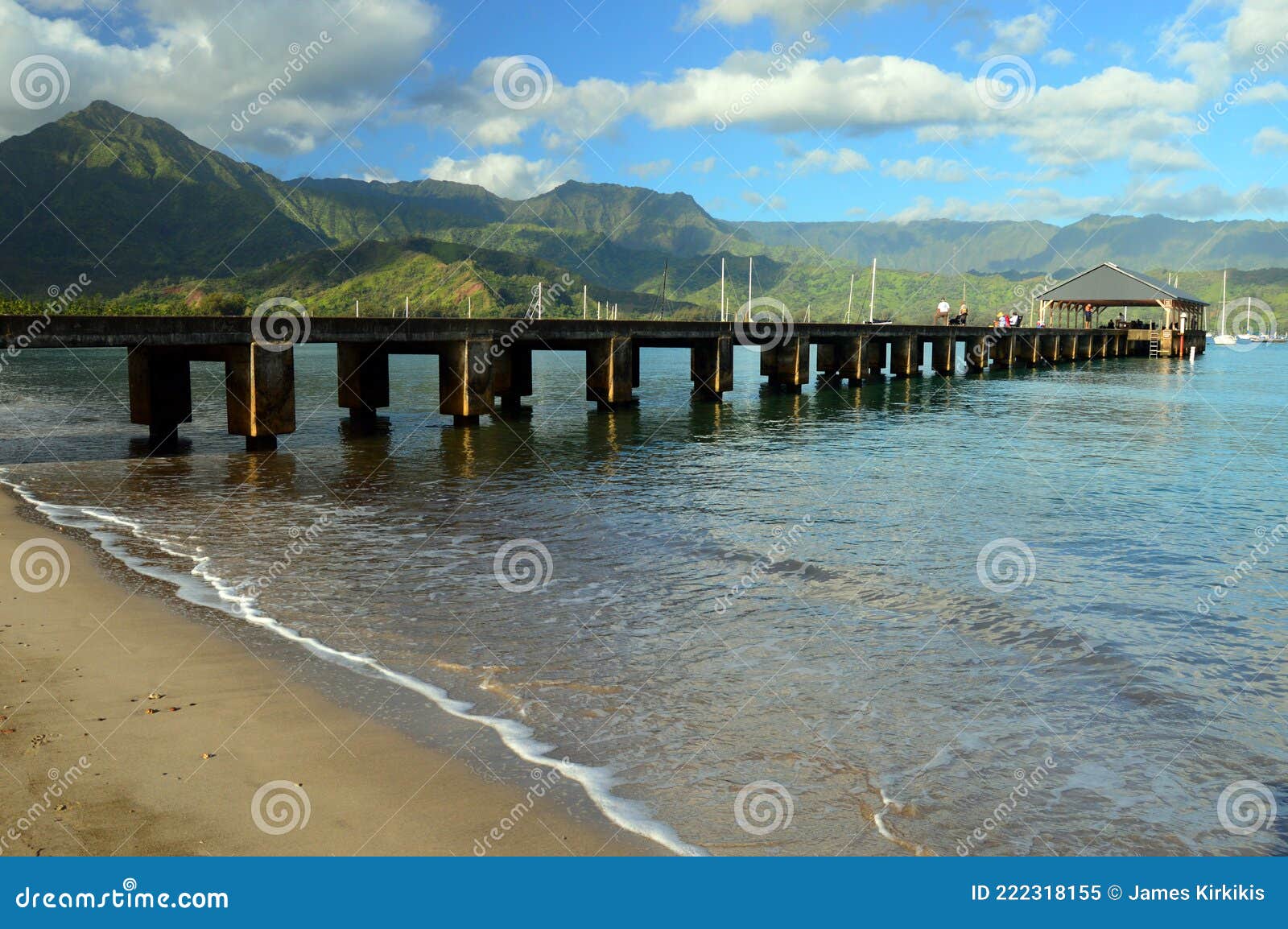 The Pier Extends into the Bay in Hanalei Hawaii Stock Image - Image of ...