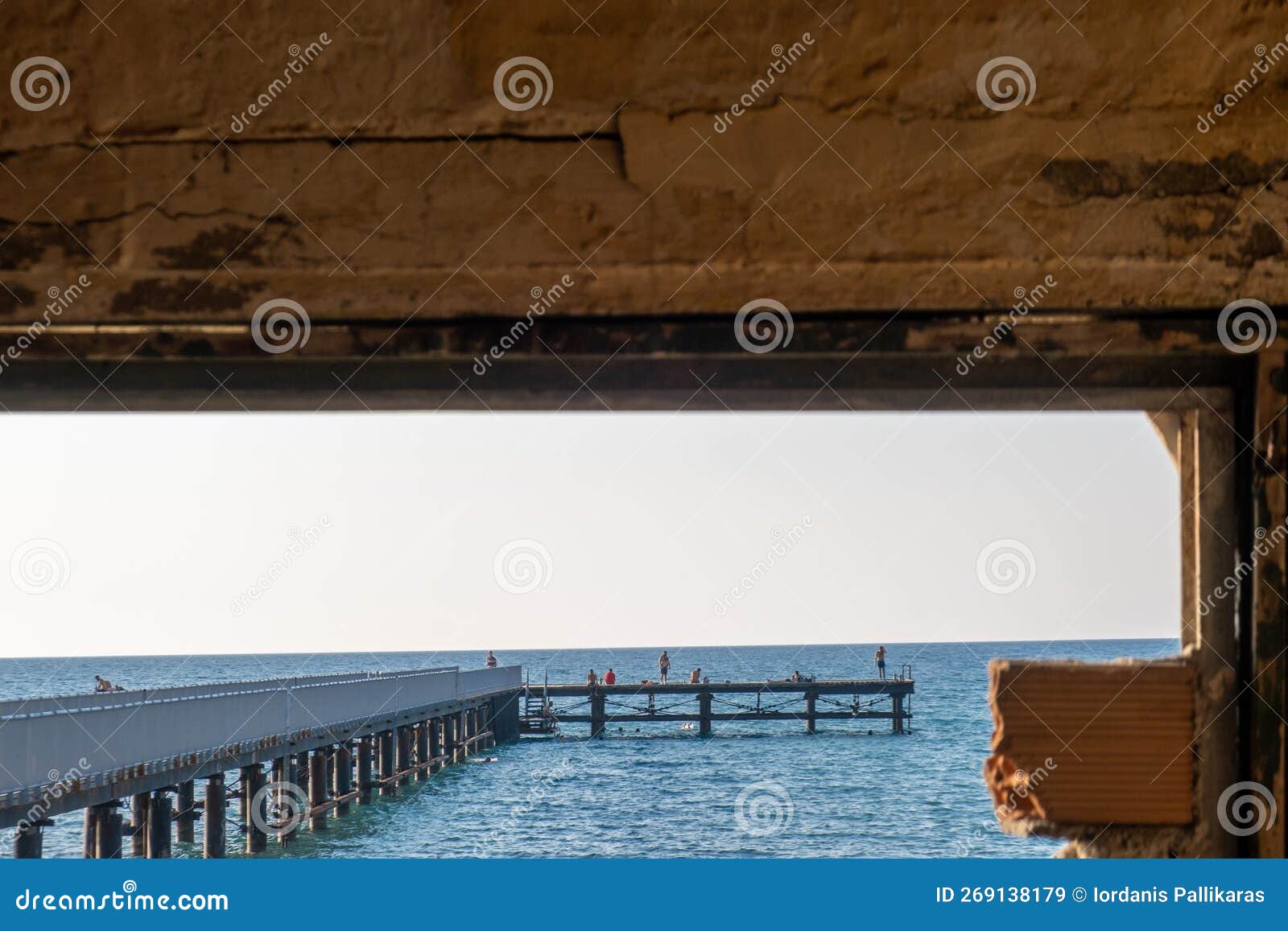 Pier through a Rusted Window Stock Image - Image of ocean, blue: 269138179