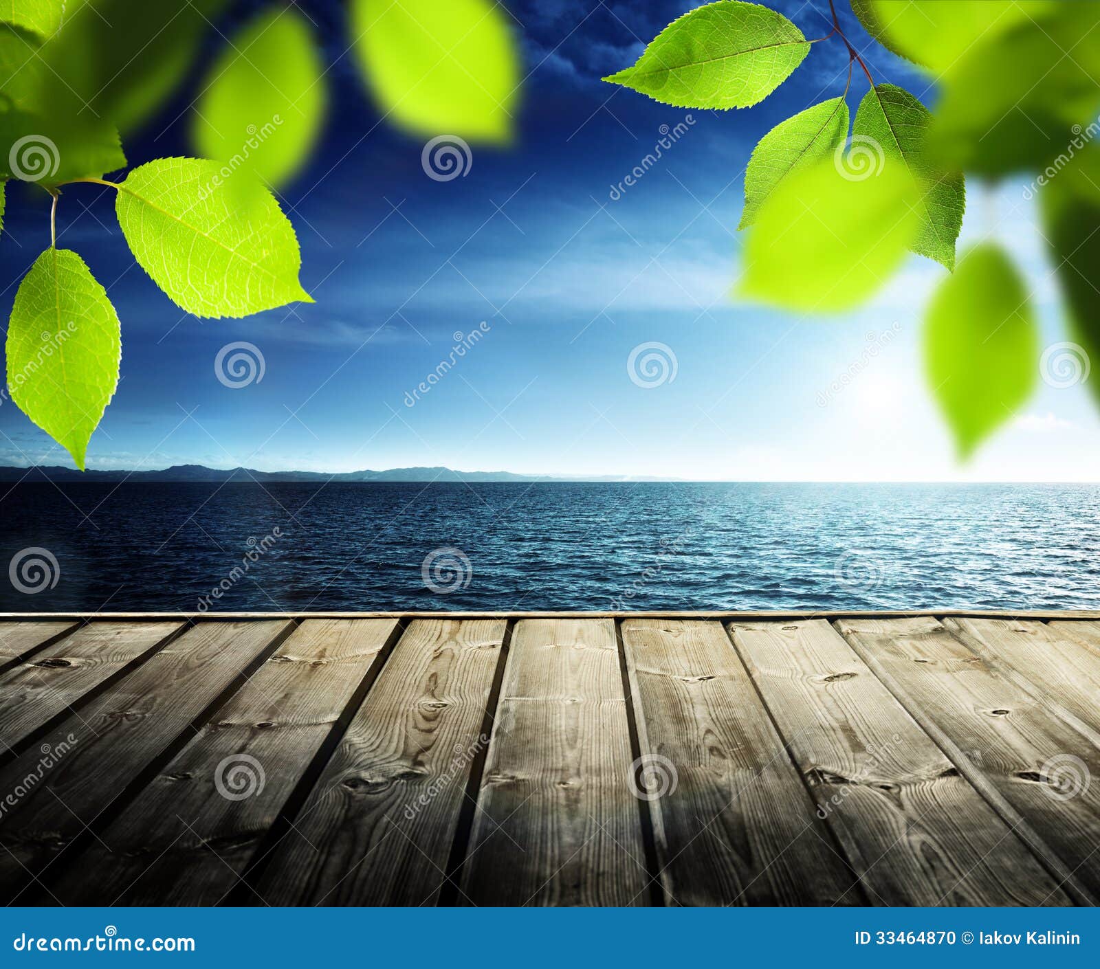 Pier, sea and leaves stock photo. Image of horizon, sunlight - 33464870