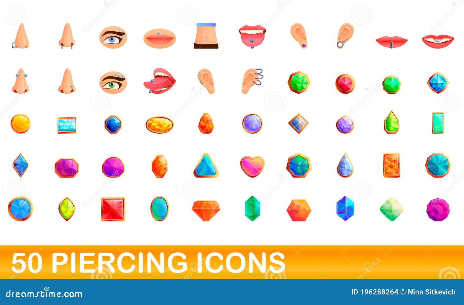 50 Piercing Icons Set, Cartoon Style Stock Vector - Illustration of ...