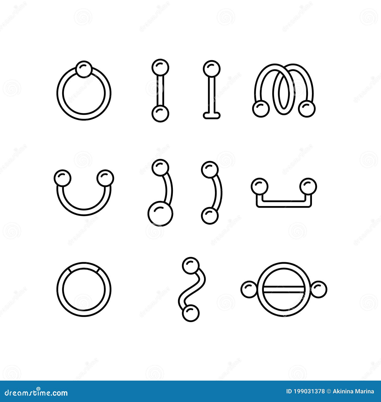 Piercing, Set of Different Earring. Linear Icon of Barbell, Ring ...