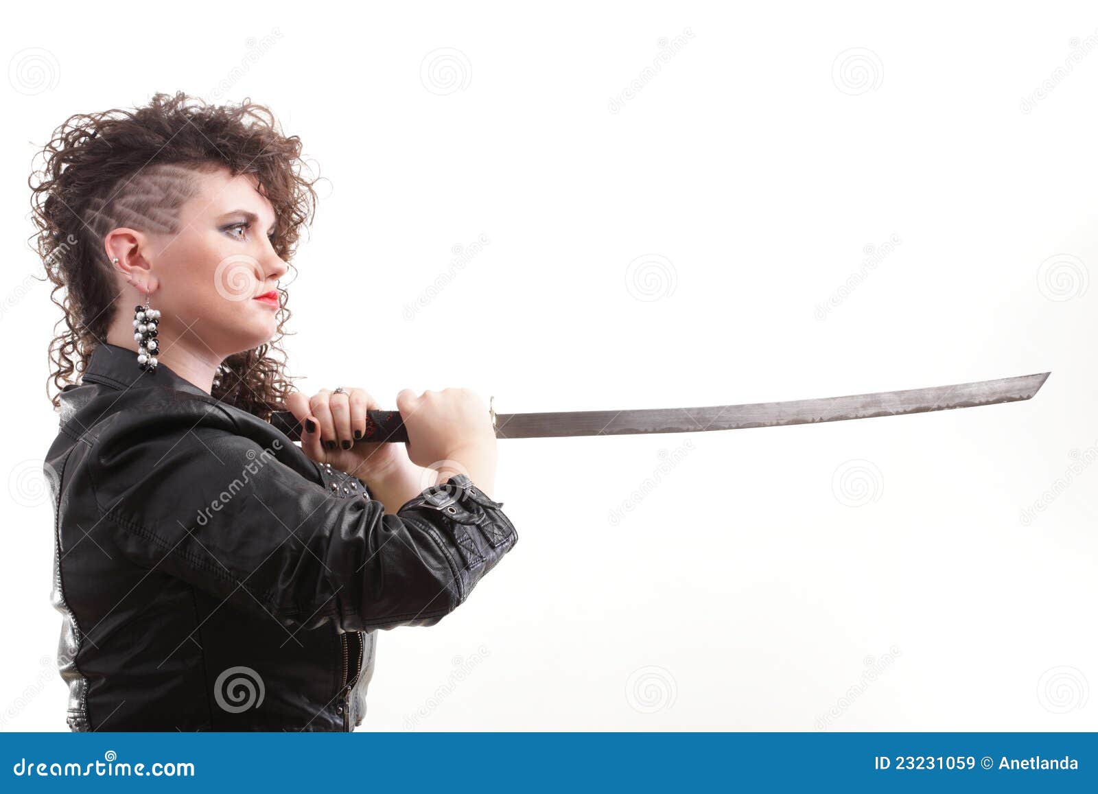Piercing Woman Curly Girl With Unique Haircut And Sword Royalty-Free ...