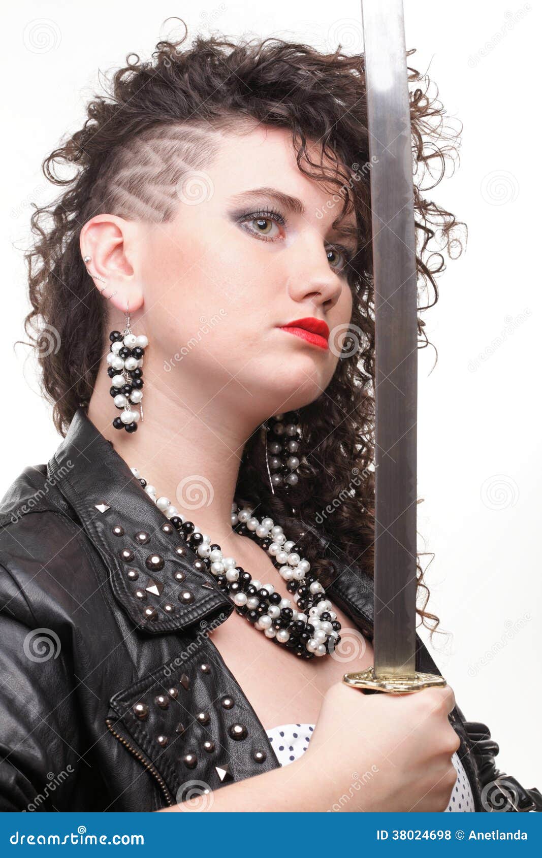 Piercing Woman Curly Girl and Sword Stock Photo - Image of jeweller ...