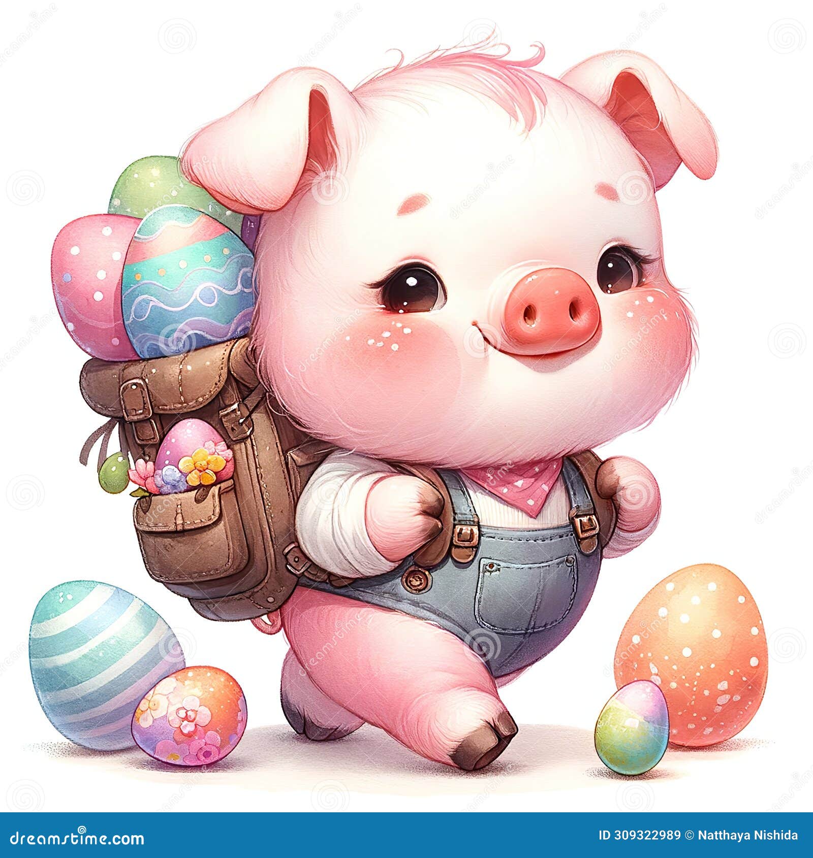 Pig with a Backpack and Easter Eggs. Watercolor Illustrations on a ...