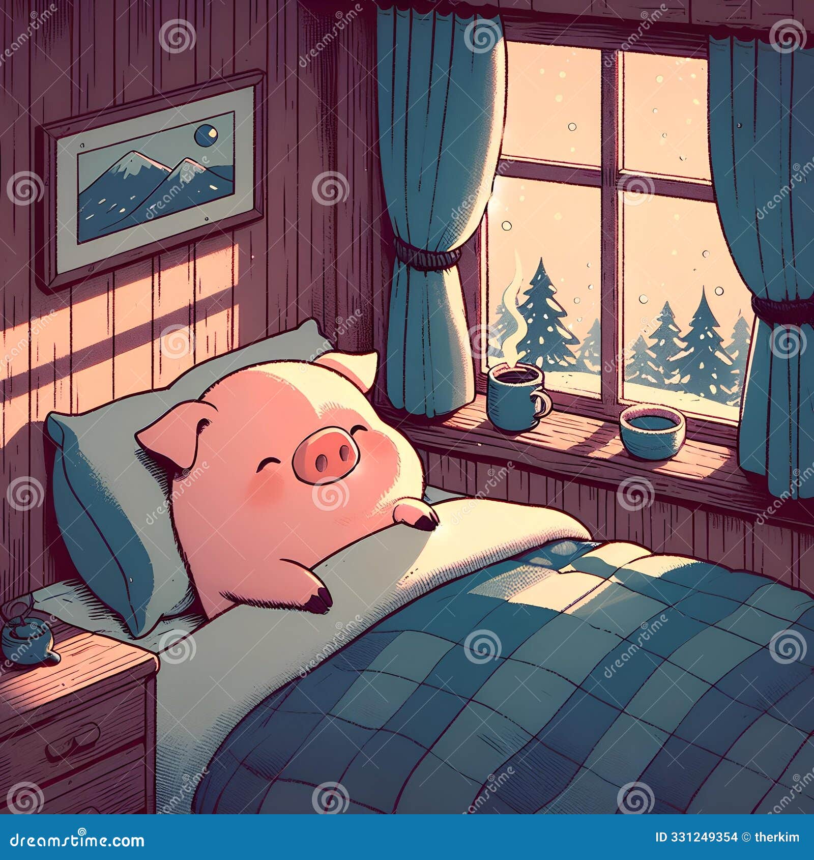Pig in bed stock illustration. Illustration of comics - 331249354