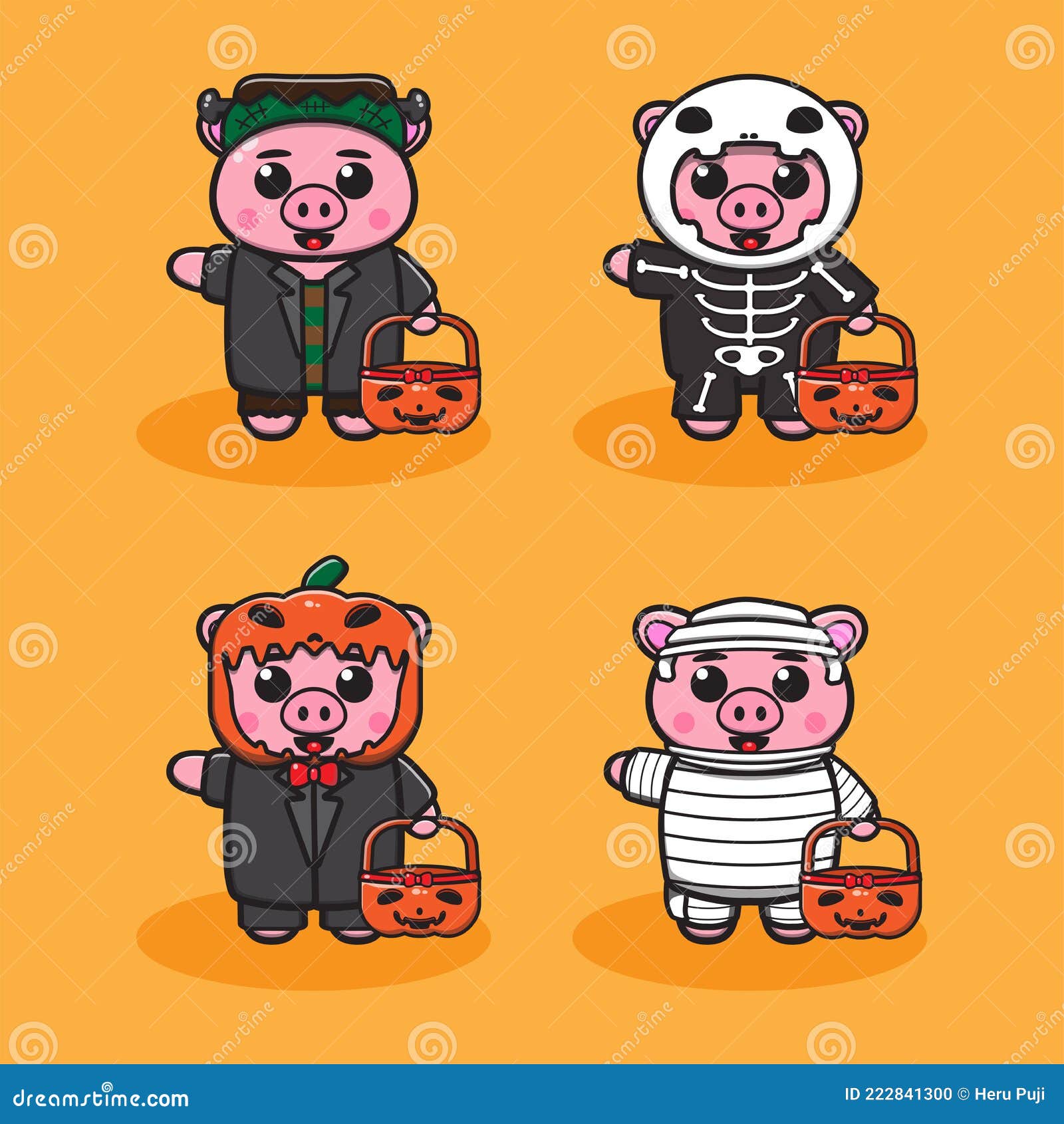 Cute Pig Halloween Cartoon Set. Stock Vector - Illustration of ...