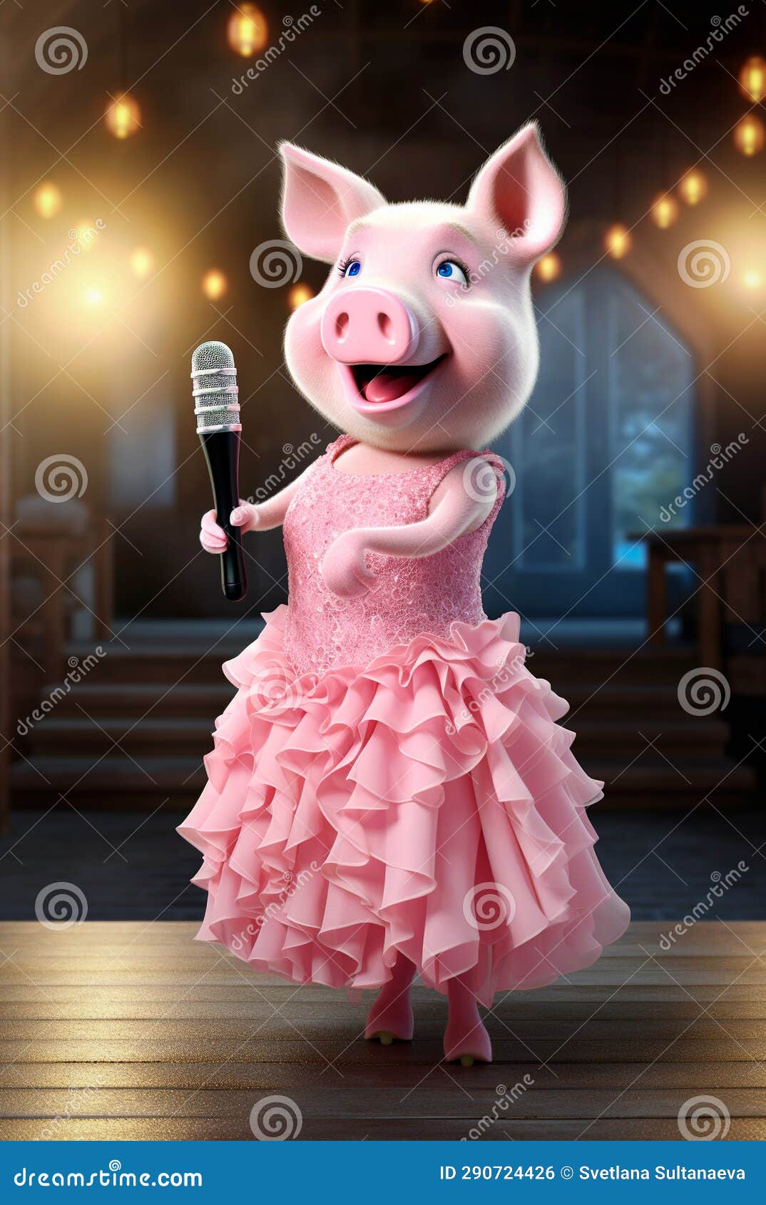 A Pig in a Dress Screams or Sings into a Microphone Stock Illustration ...