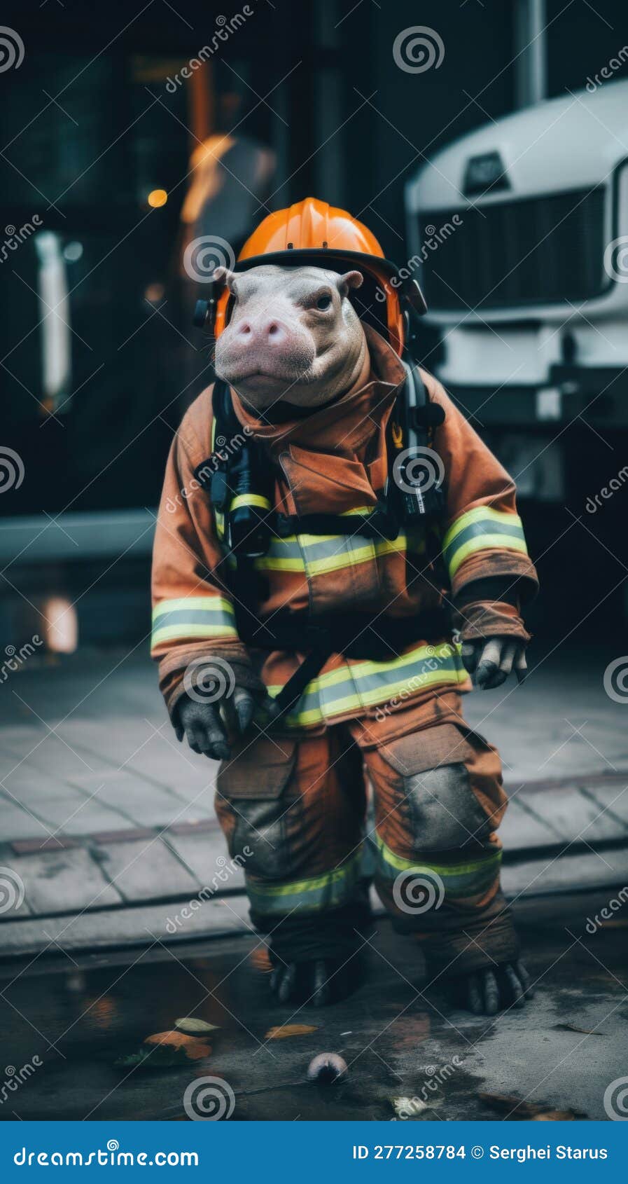 A Pig Dressed As a Firefighter Standing on a Street. Generative AI ...