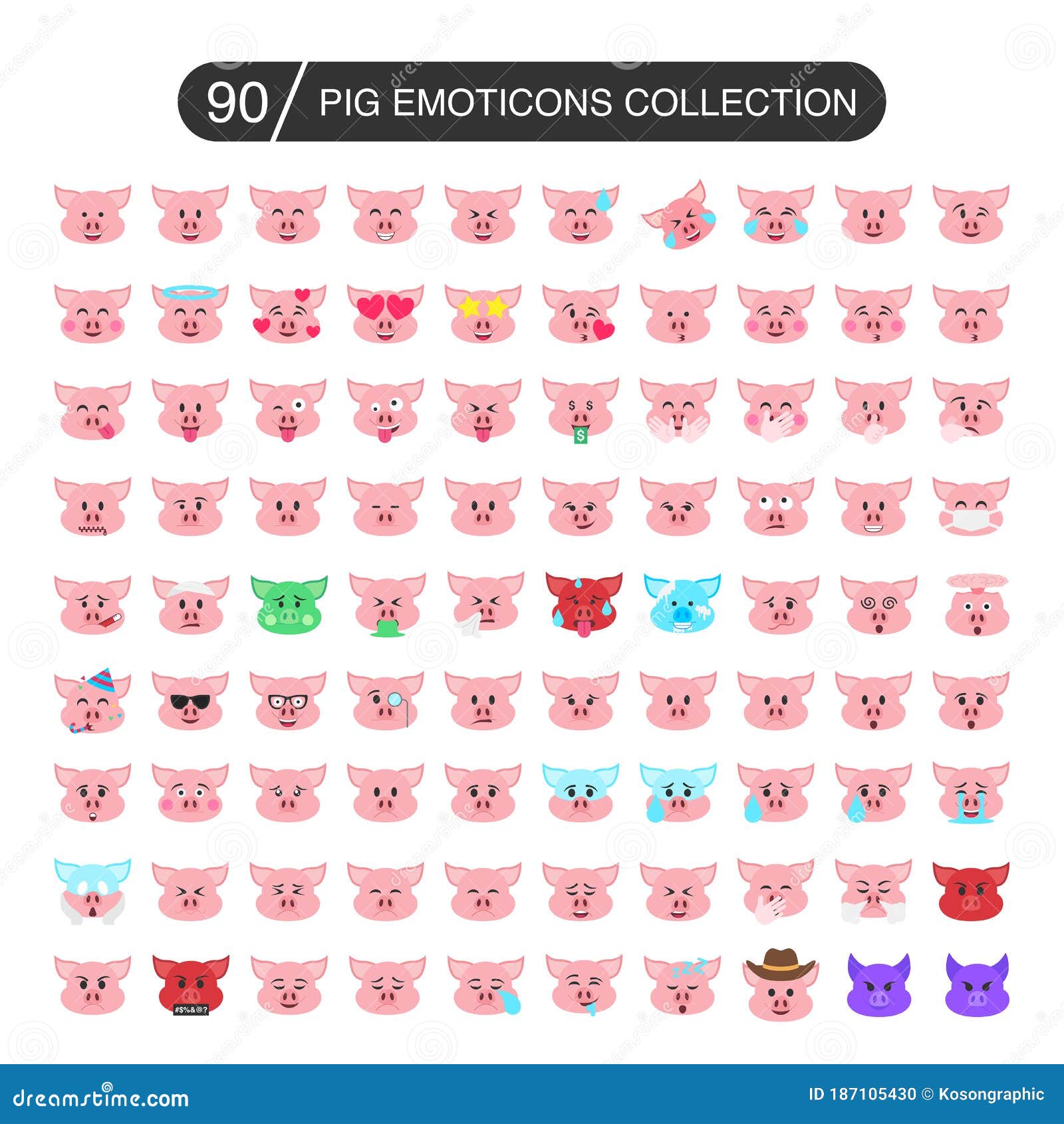 Pig Emoticons Collection. Flat Design Stock Vector - Illustration of ...