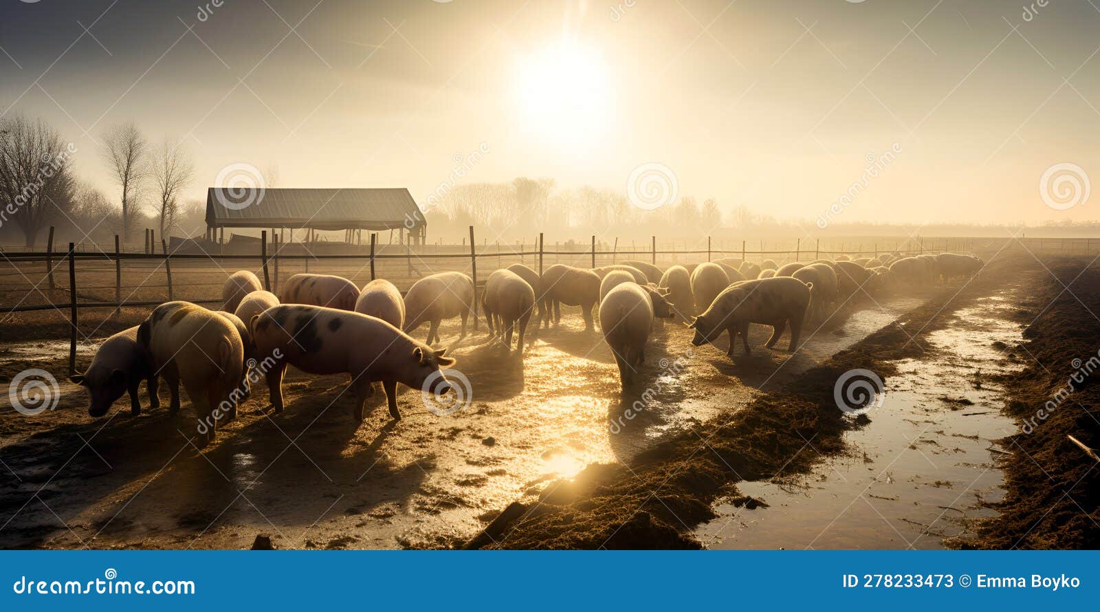 Pig Farm in the Sun. Welfare and Care of Farm. Generative Ai Stock ...