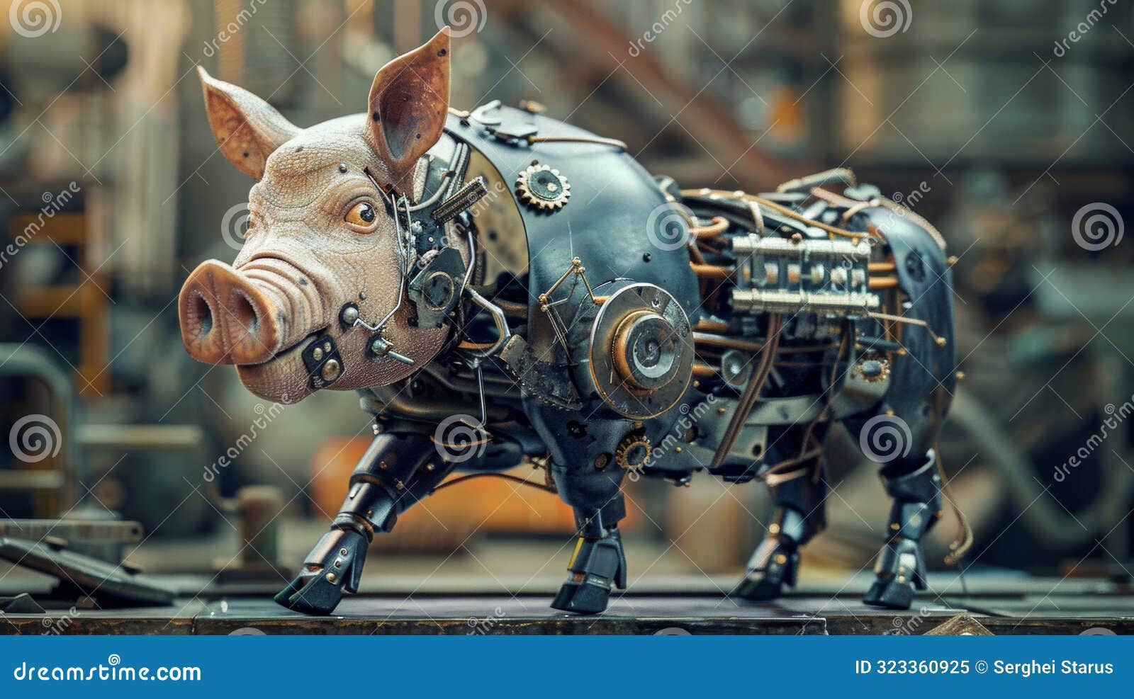 A Pig Made of Metal Gears and Wheels Standing on a Table, AI Stock ...