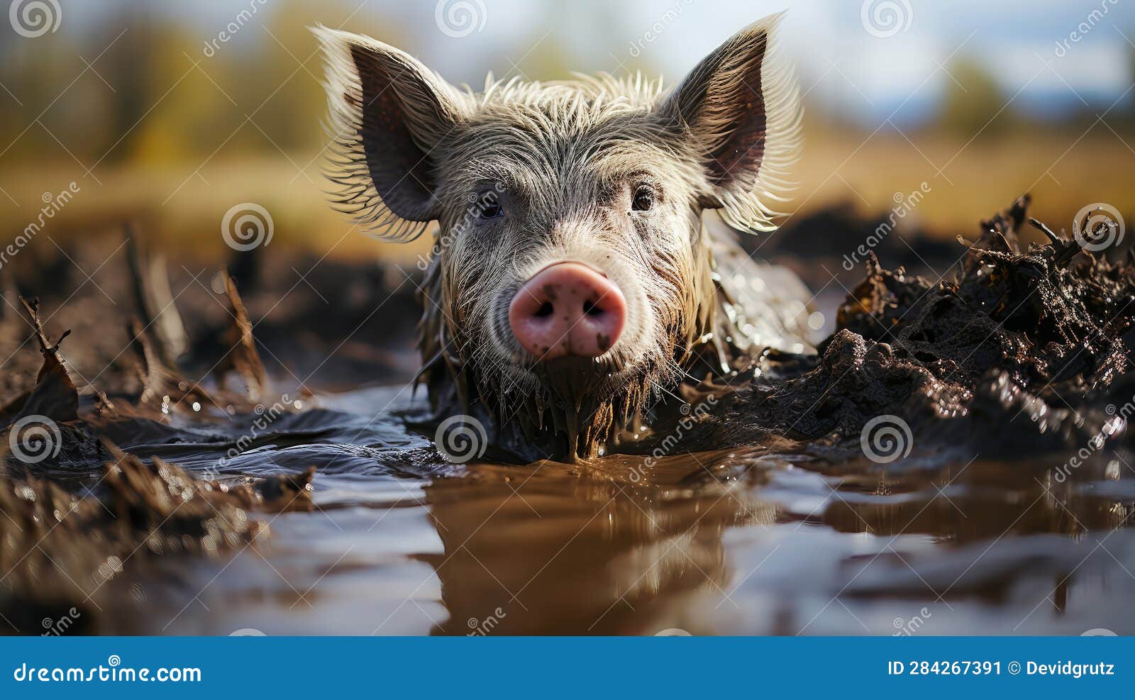 A Pig in a Mud Puddle Close-up. Generative AI. Stock Illustration ...