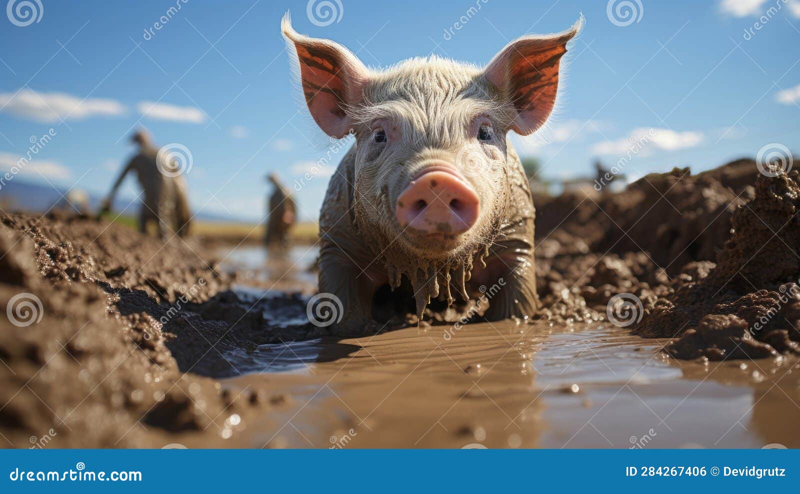 A Pig in a Mud Puddle Close-up. Generative AI. Stock Illustration ...