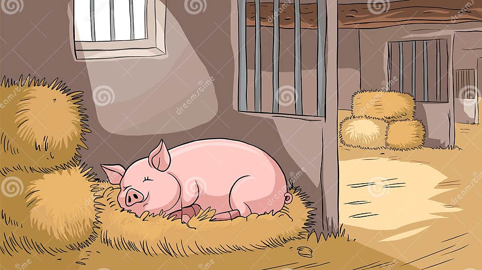A Pig Napping Peacefully in a Soft Bed of Straw Inside a Calm and Quiet ...