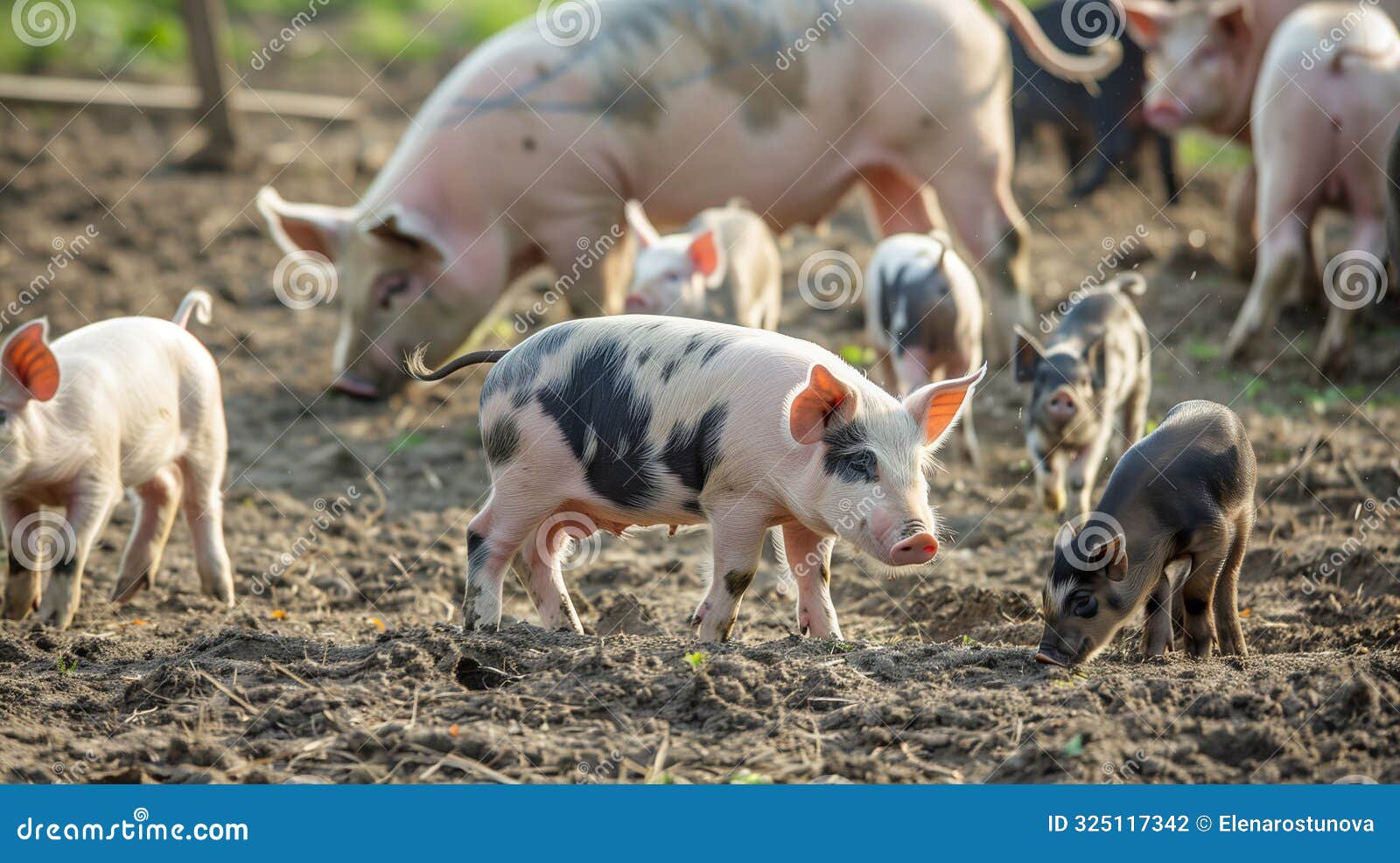 Pig with Piglets on a Farm Eats Grass Outside Stock Photo - Image of ...