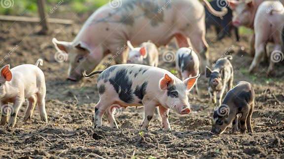 Pig with Piglets on a Farm Eats Grass Outside Stock Photo - Image of ...