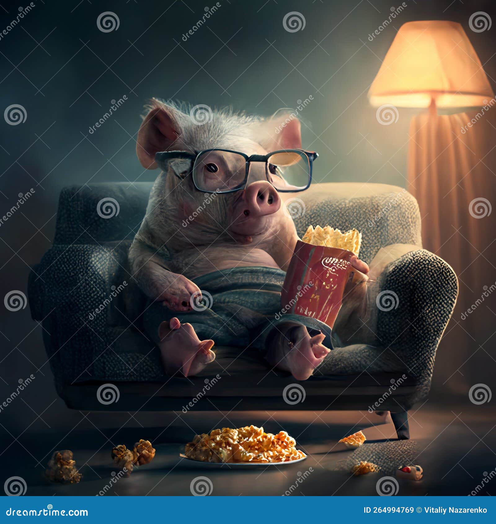 Piglet in Glasses Eats Popcorn, Rests on the Sofa. AI Generated Stock ...