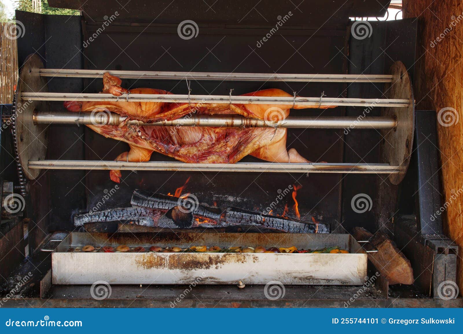 Pig roasted on a spit stock image. Image of fire, cooking - 255744101