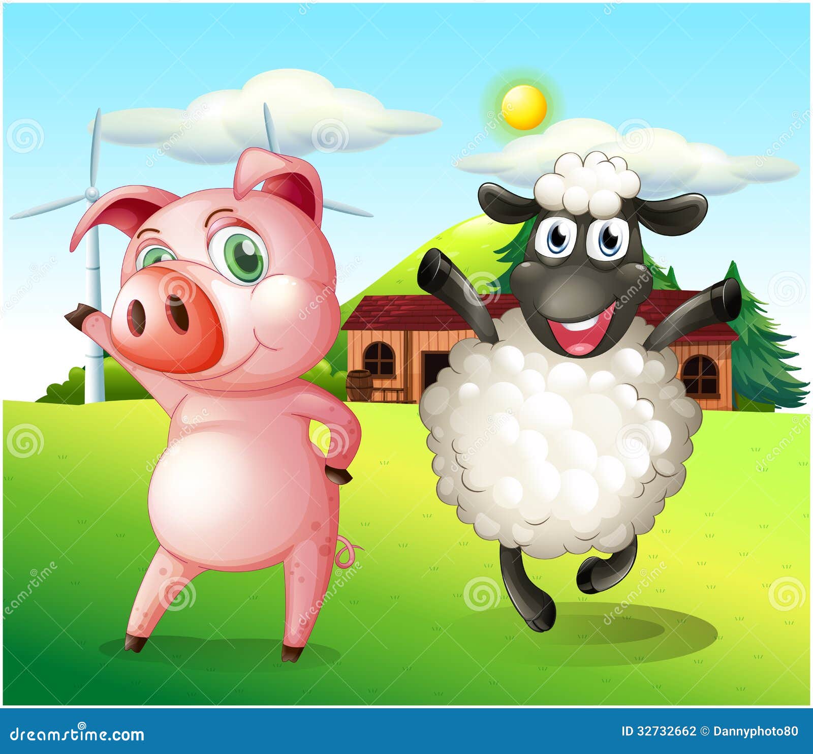A Pig and a Sheep Dancing at the Farm with a Windmill Stock Vector ...
