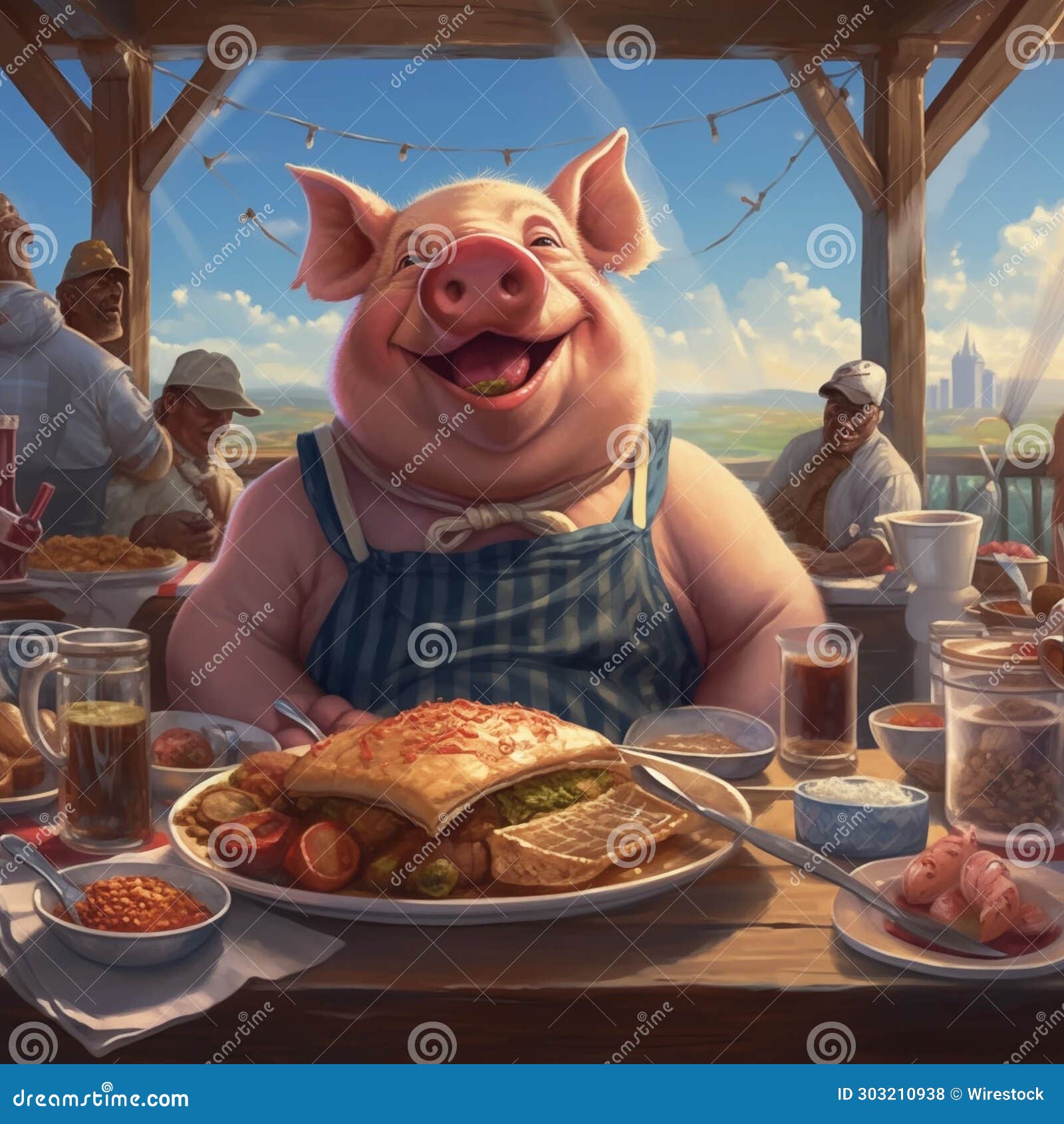 A Pig is Smiling As he Eats a Burger in a Large, Outdoor Gathering ...