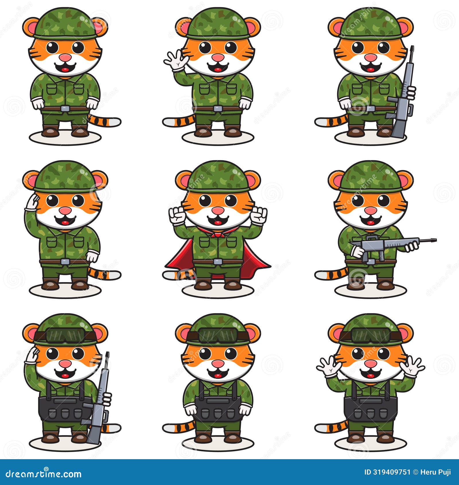 Cartoon Funny Tiger Soldier Set Stock Vector - Illustration of animal ...