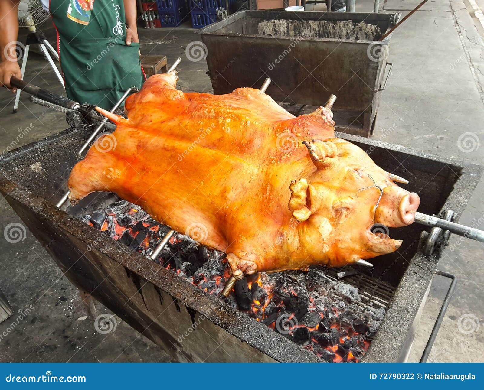 Pig on spit, roasted pork stock photo. Image of roast - 72790322