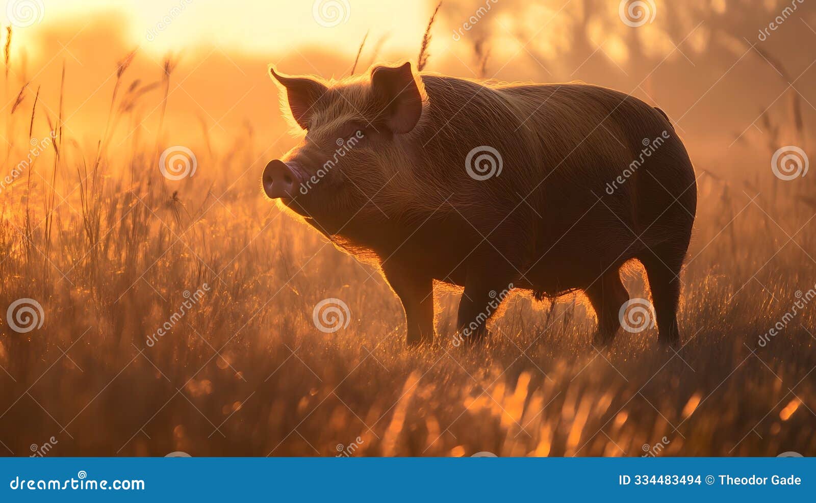 A Pig Stands in a Field of Tall Grass at Sunset. Stock Illustration ...