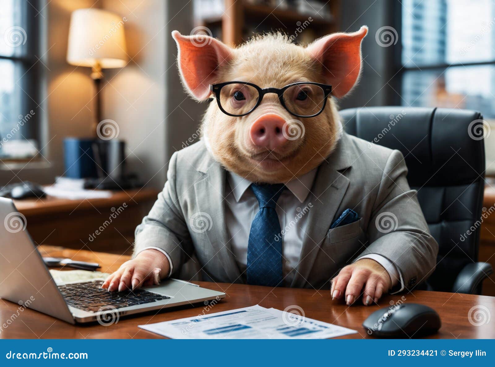 Pig in Suit and Glasses Sits at Office Table. Generative AI Stock ...