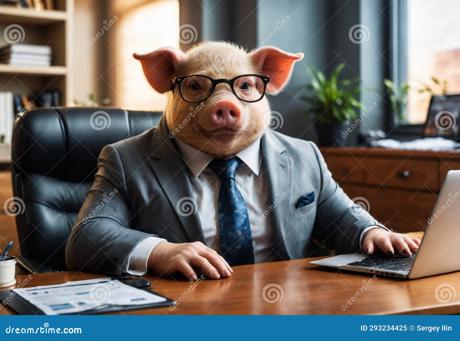 Pig in Suit and Glasses Sits at Office Table. Generative AI Stock ...