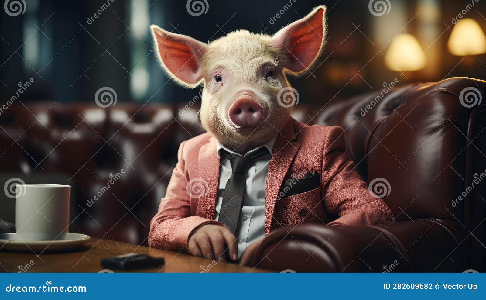 A Pig in a Suit and Tie Sits at a Table. Generative AI. Stock ...