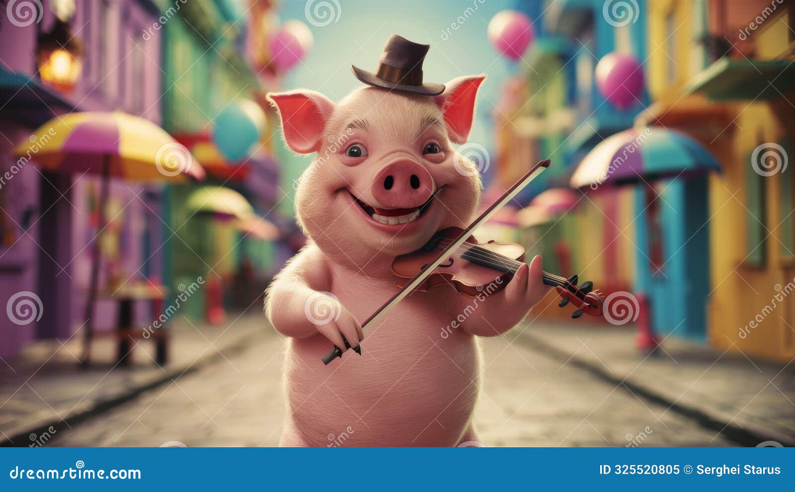 A Pig with a Top Hat and Violin Playing in the Street, AI Stock ...